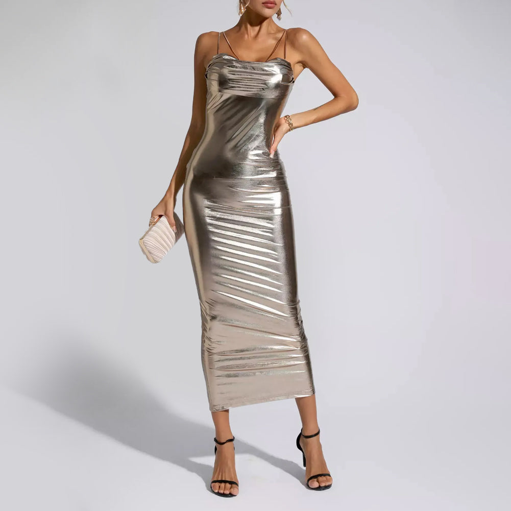 Metallic Ruched Maxi Sheath Dress