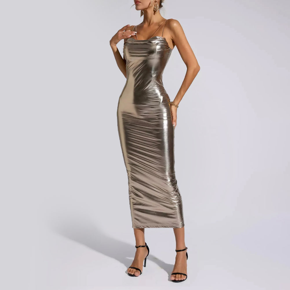 Metallic Ruched Maxi Sheath Dress