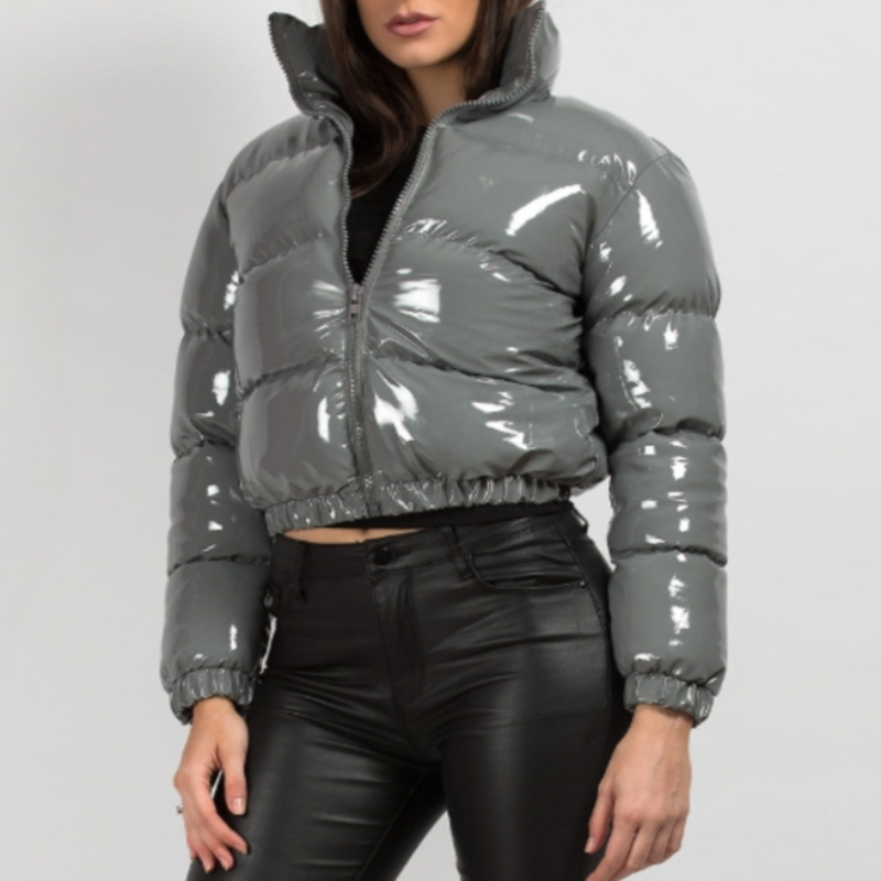 Glossy Faux Patent Leather Puffer Jacket
